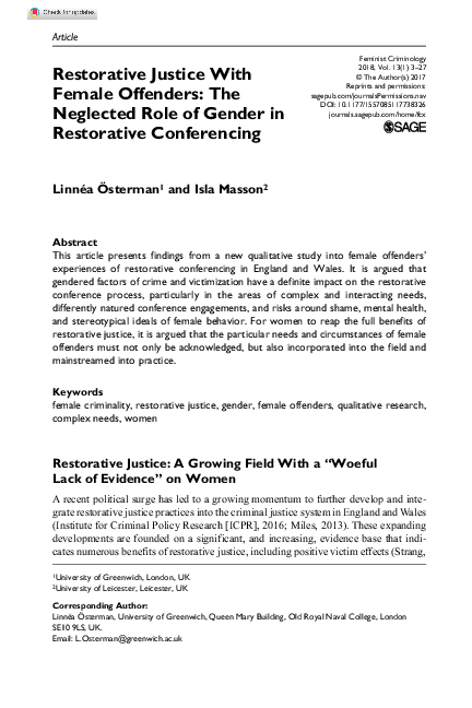 (PDF) Restorative Justice With Female Offenders: The Neglected Role of Gender in Restorative ...
