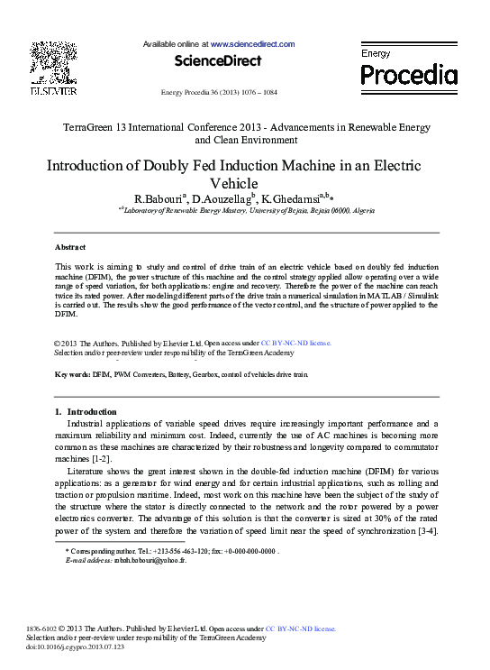 Pdf Introduction Of Doubly Fed Induction Machine In An Electric Vehicle