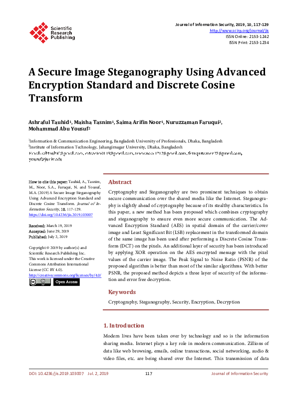 Pdf A Secure Image Steganography Using Advanced Encryption Standard And Discrete Cosine