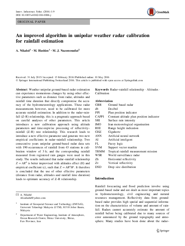 (PDF) An improved algorithm in unipolar weather radar calibration for ...