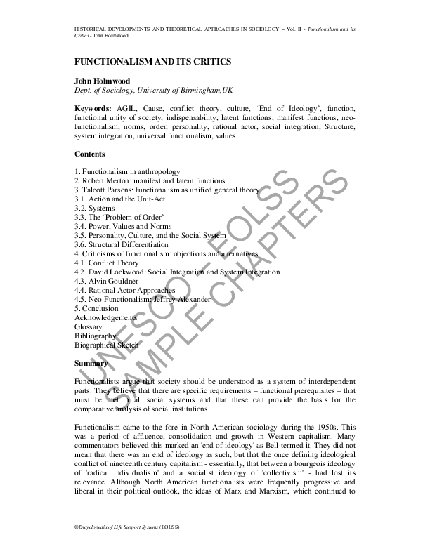 (PDF) Functionalism and its Critics