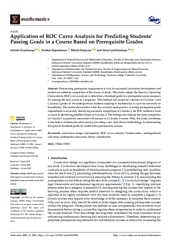 (PDF) Application of ROC Curve Analysis for Predicting Students’ Passing Grade in a Course Based ...