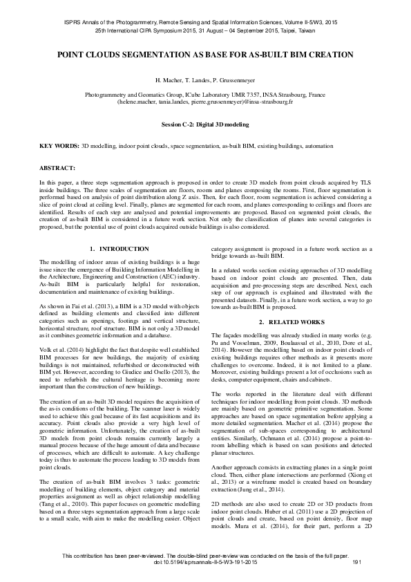 Pdf Point Clouds Segmentation As Base For As Built Bim Creation