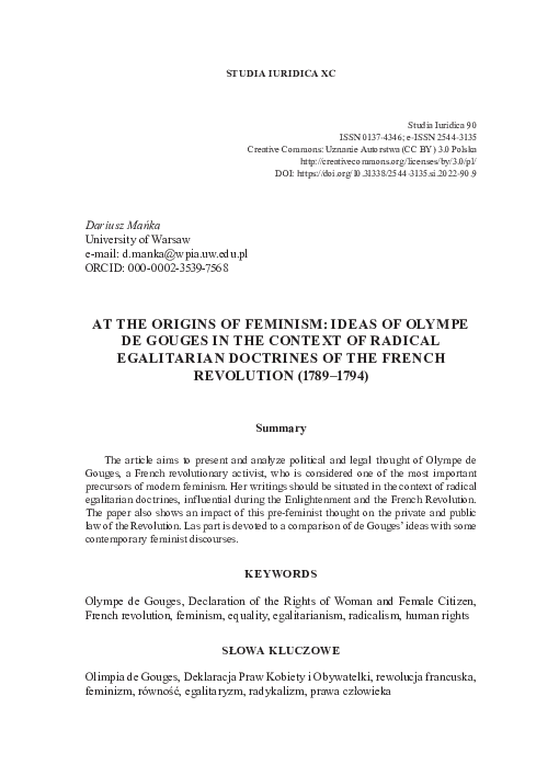 (PDF) AT THE ORIGINS OF FEMINISM: IDEAS OF OLYMPE DE GOUGES IN THE ...