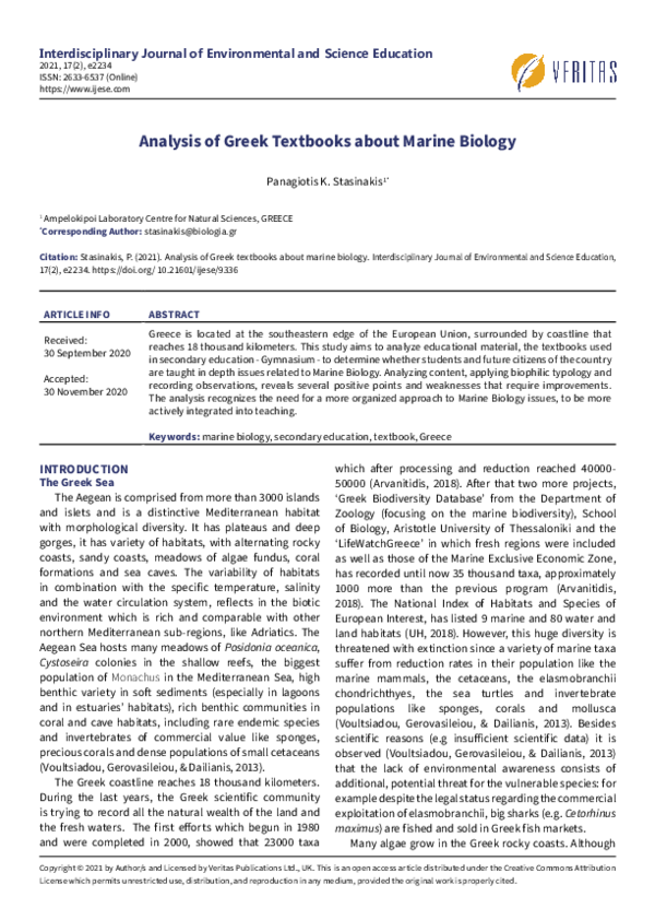 (PDF) Analysis of Greek Textbooks about Marine Biology