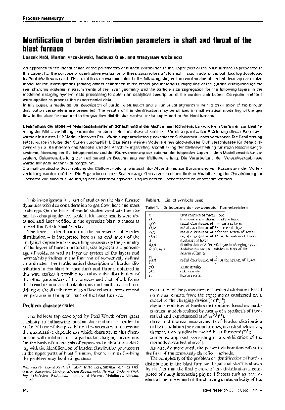 (PDF) Identification of burden distribution parameters in shaft and throat of the blast furnace