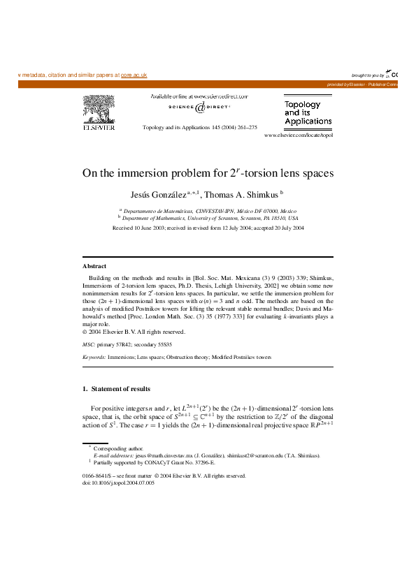 (PDF) On the immersion problem for 2r-torsion lens spaces