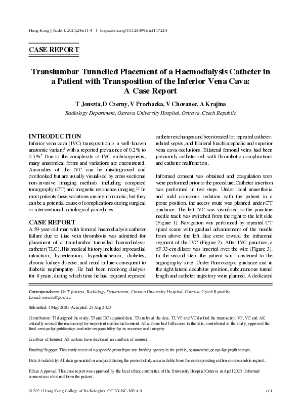 (PDF) Translumbar Tunnelled Placement of a Haemodialysis Catheter in a Patient with ...