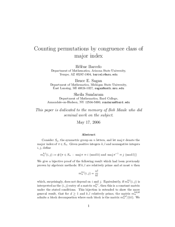 Pdf Counting Permutations By Congruence Class Of Major Index Hélène Barcelo