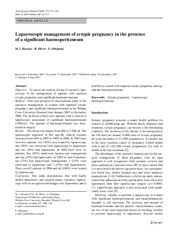 (PDF) Laparoscopic management of ectopic pregnancy in the presence of a significant haemoperitoneum