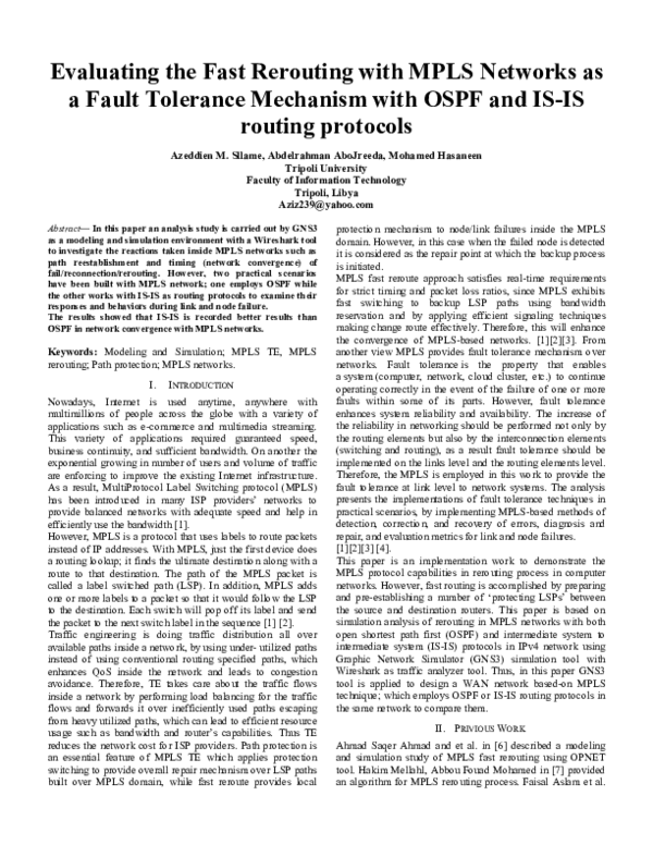 (PDF) Evaluating the Fast Rerouting with MPLS Networks as a Fault Tolerance Mechanism with OSPF ...