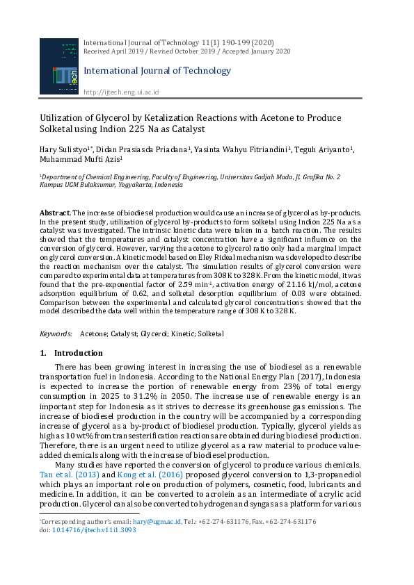 (PDF) Utilization of Glycerol by Ketalization Reactions with Acetone to ...