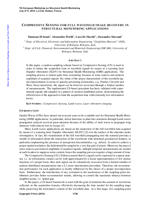 Pdf Compressive Sensing For Full Wavefield Image Recovery In Structural Monitoring Applications