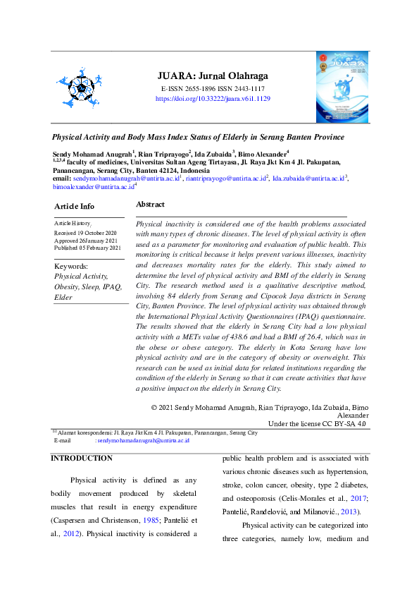Pdf Physical Activity And Body Mass Index Status Of Elderly In Serang