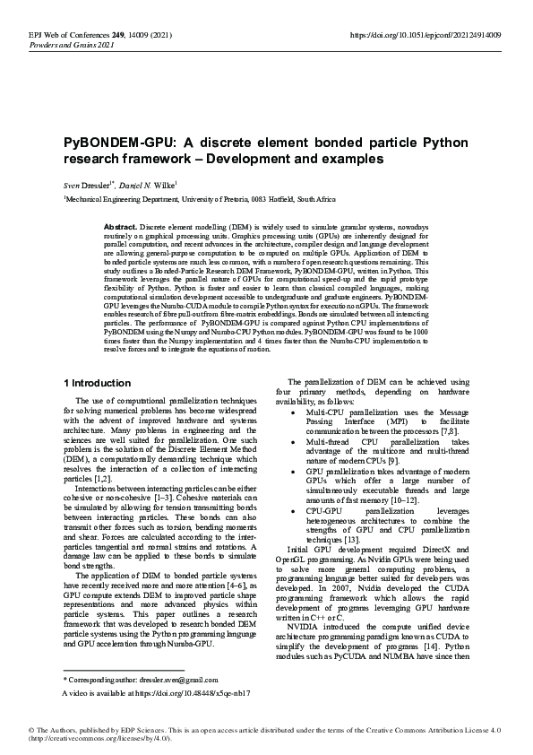 Pdf Pybondem Gpu A Discrete Element Bonded Particle Python Research Framework Development