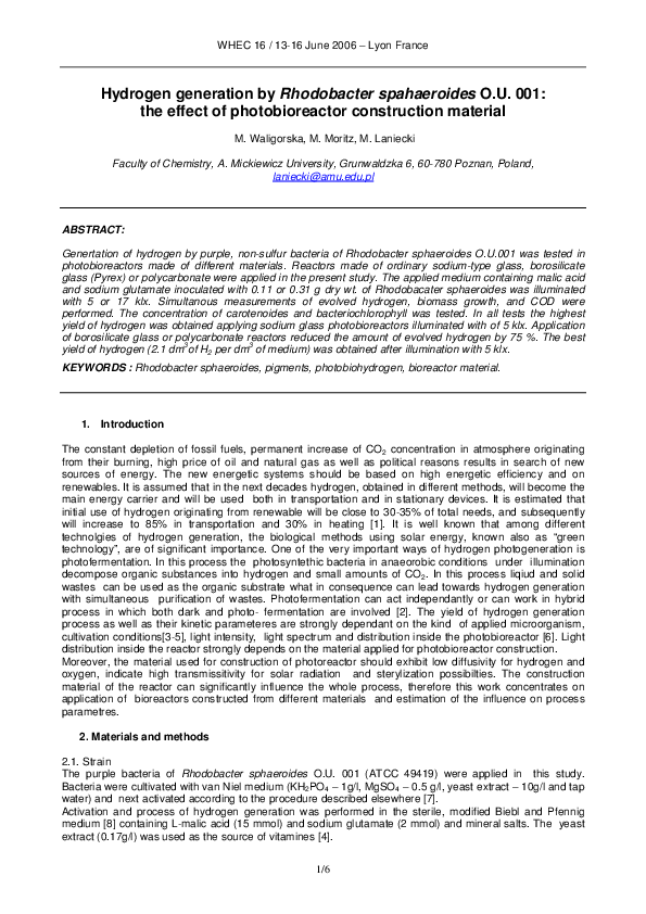 (PDF) Hydrogen generation by Rhodobacter spahaeroides OU 001: the ...