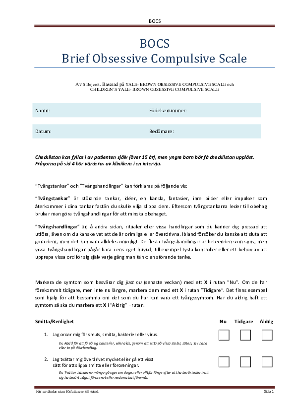 (PDF) Brief Obsessive-Compulsive Scale (BOCS): Skattningsformulär, svenskt