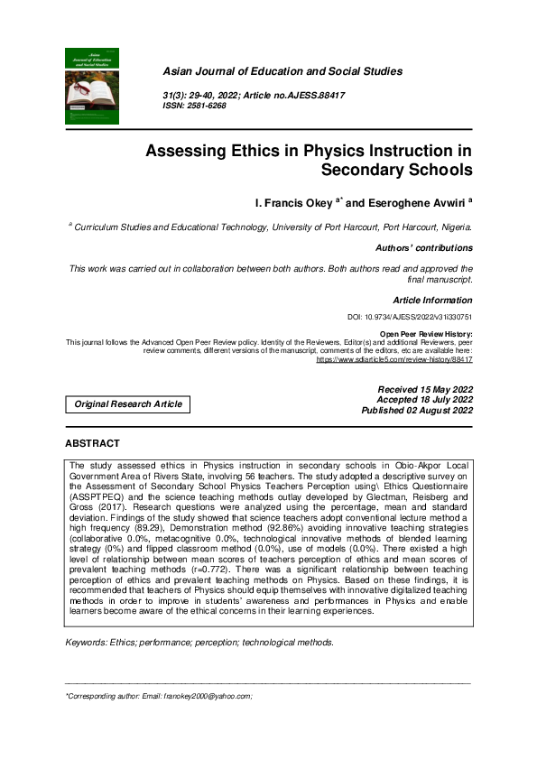 (PDF) Assessing Ethics in Physics Instruction in Secondary Schools
