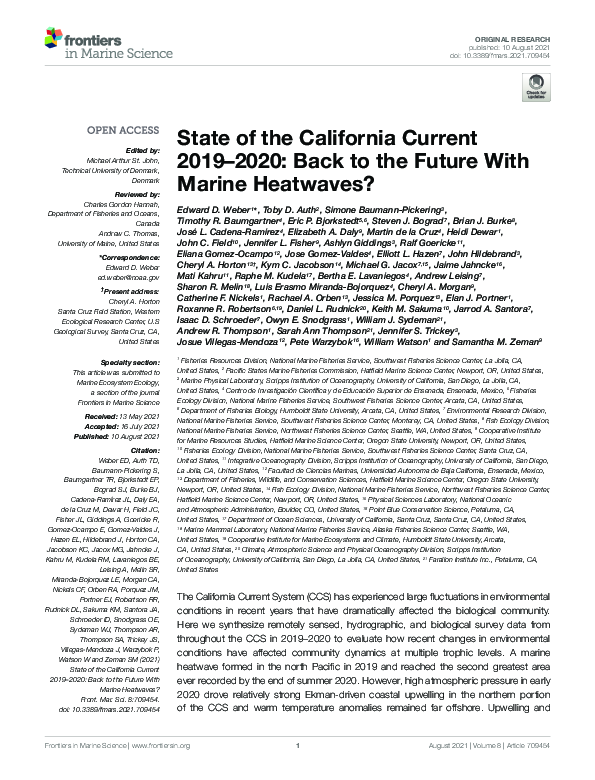 (PDF) State of the California Current 2019–2020: Back to the Future ...