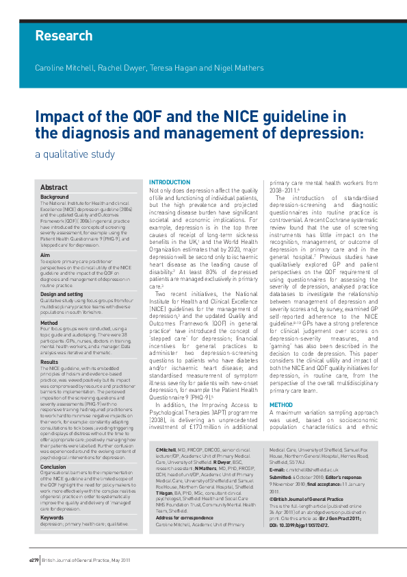 (PDF) Impact of the QOF and the NICE guideline in the diagnosis andmanagement of depression: a ...