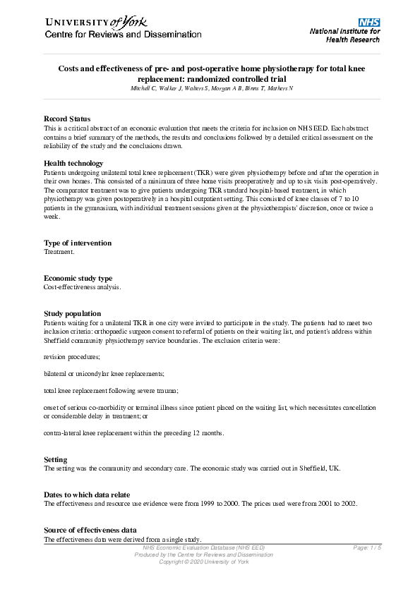 (PDF) Costs and effectiveness of pre- and post-operative home physiotherapy for total knee ...
