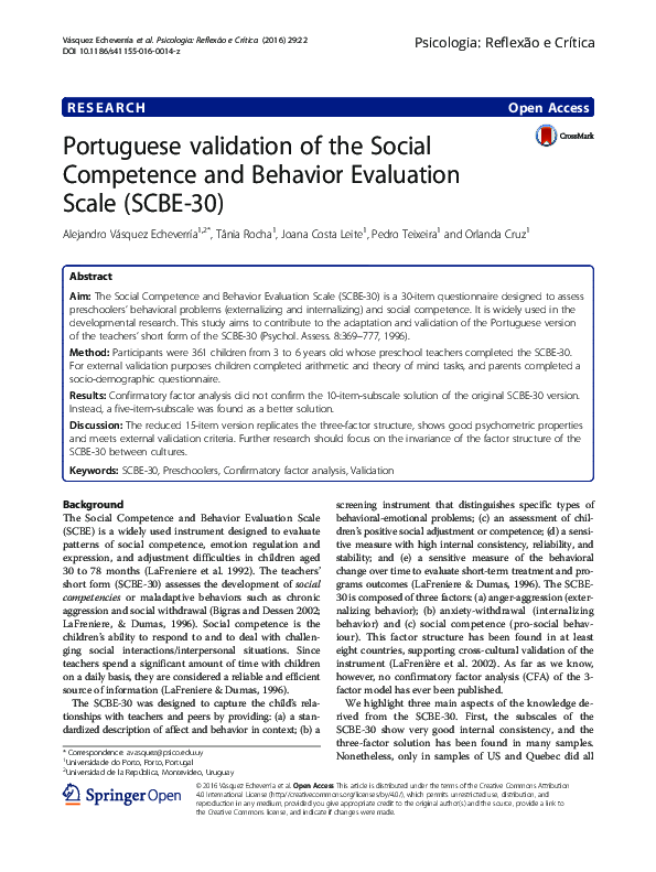 (PDF) Portuguese validation of the Social Competence and Behavior Evaluation Scale (SCBE-30)