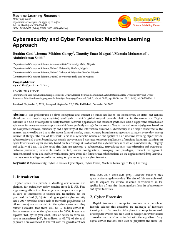 Pdf Cybersecurity And Cyber Forensics Machine Learning Approach