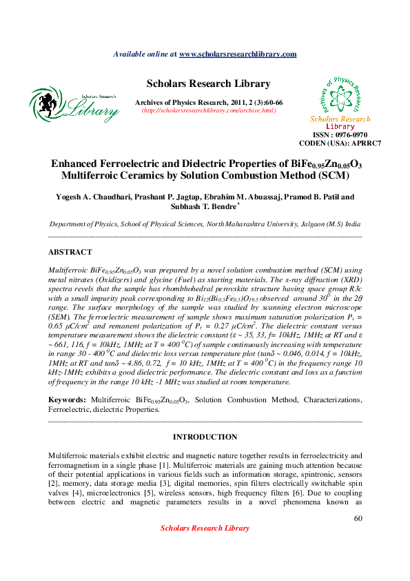 (PDF) Ferroelectric and dielectric properties of nanocrystalline BiFeO3 multiferroic ceramics ...