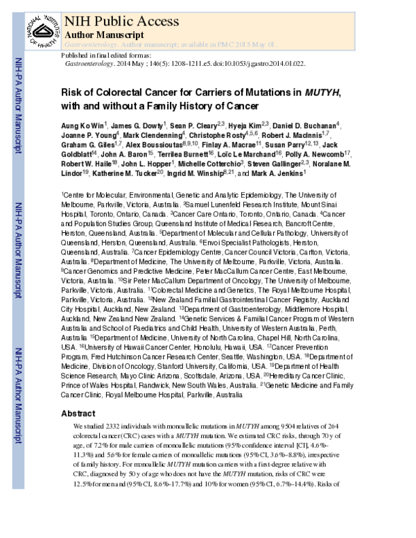 (PDF) Risk of Colorectal Cancer for Carriers of Mutations in MUTYH ...