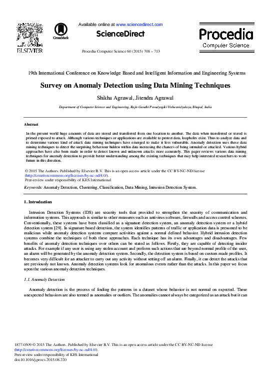 Pdf Survey On Anomaly Detection Using Data Mining Techniques Shikha