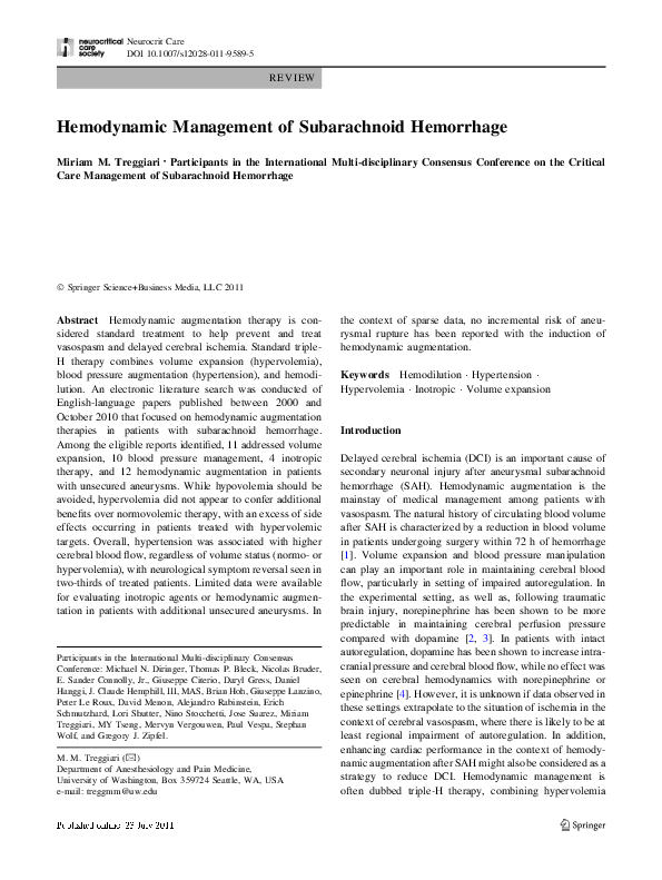 (PDF) Hemodynamic Management of Subarachnoid Hemorrhage