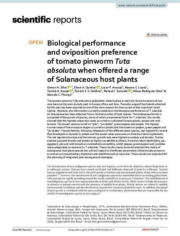 (PDF) Biological performance and oviposition preference of tomato ...