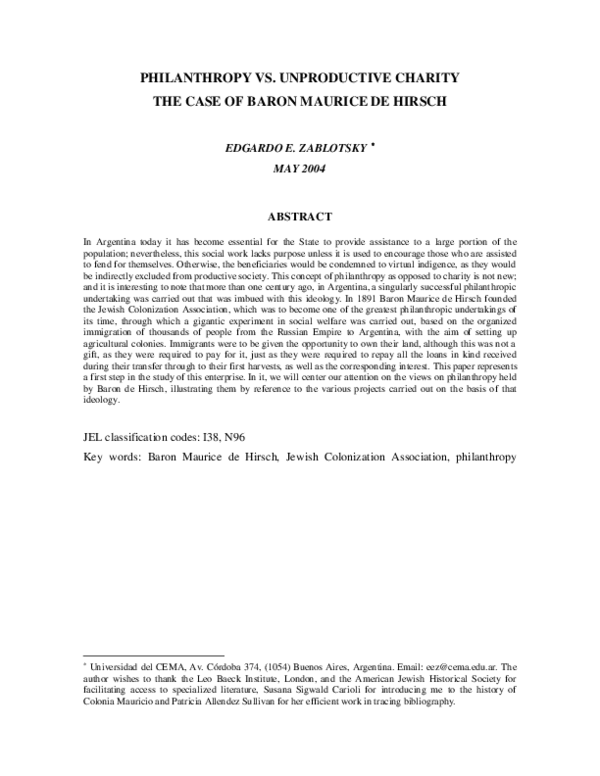 (PDF) Philanthropy vs. unproductive charity. The case of Baron Maurice ...