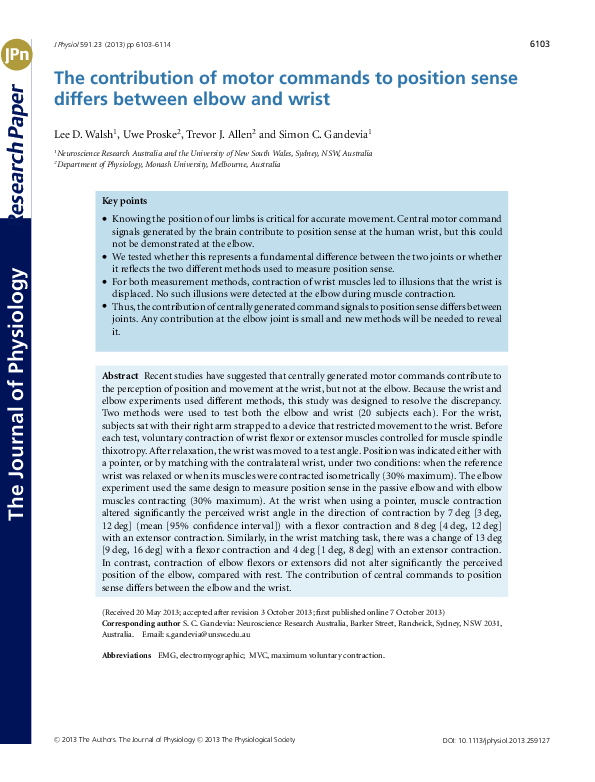 (PDF) The contribution of motor commands to position sense differs between elbow and wrist | Uwe ...