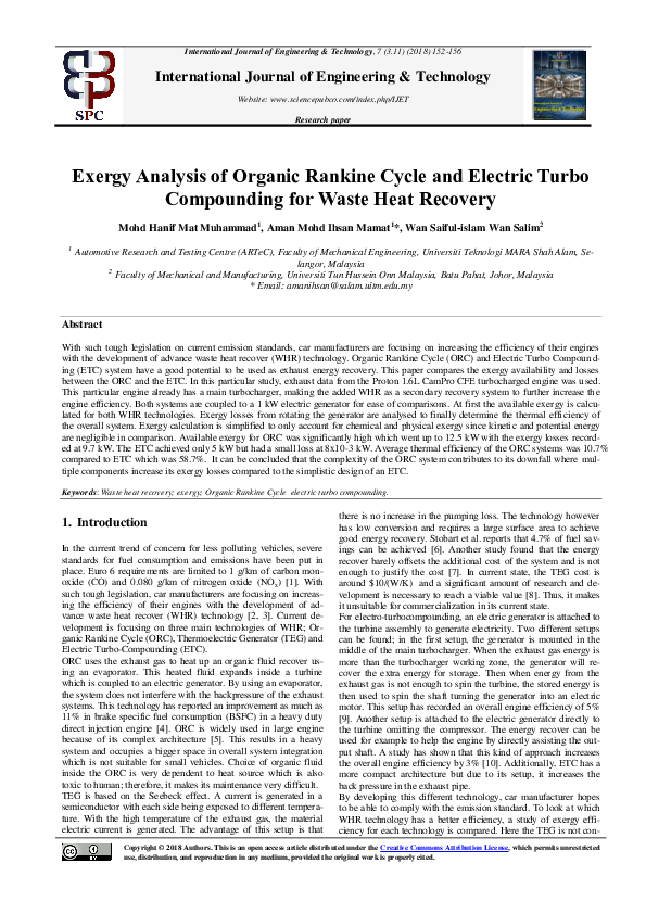 (PDF) Exergy Analysis of Organic Rankine Cycle and Electric Turbo ...