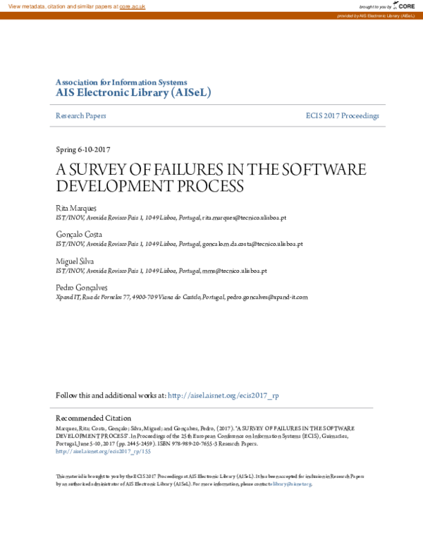 (PDF) A Survey of Failures in the Software Development Process