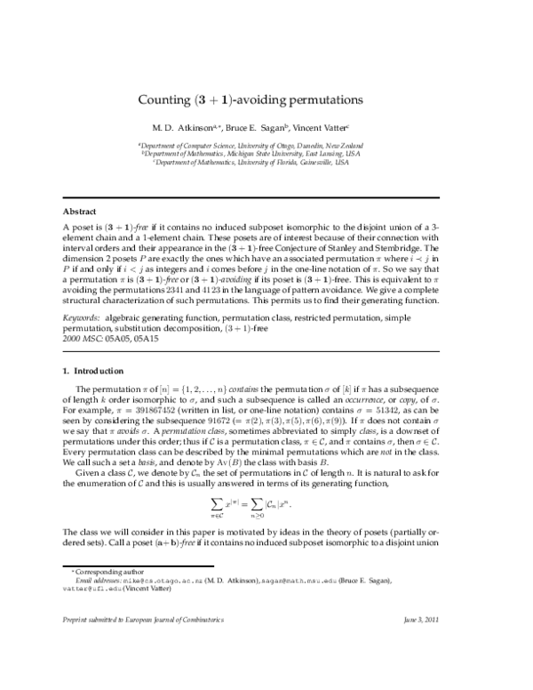 (PDF) Counting (3 + 1)-avoiding permutations