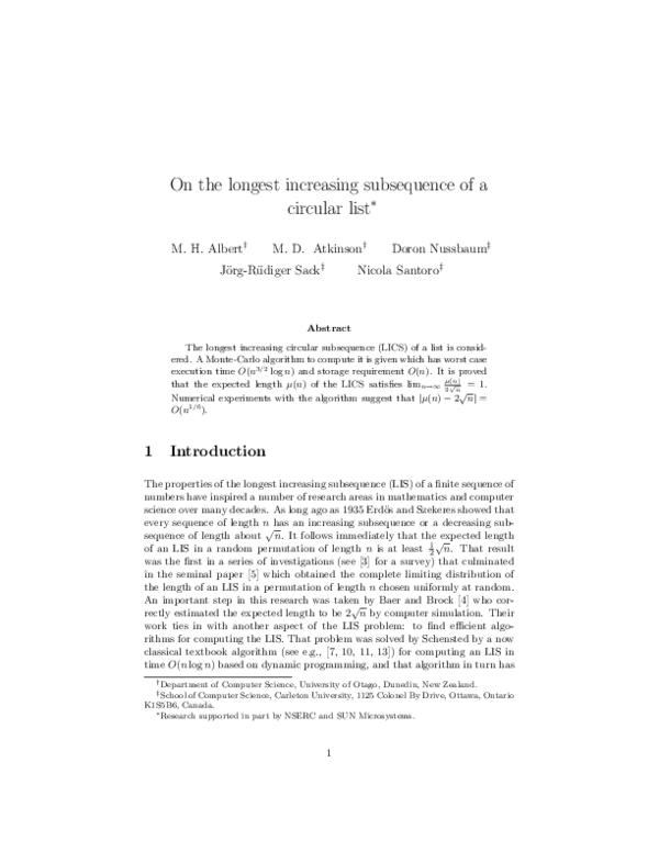 (PDF) On the longest increasing subsequence of a circular list | Mike Atkinson - Academia.edu