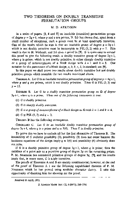 (PDF) Two Theorems on Doubly Transitive Permutation Groups