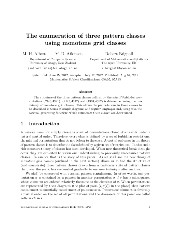 (PDF) The Enumeration of Three Pattern Classes using Monotone Grid Classes