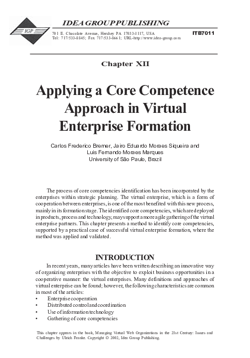 (PDF) Applying a Core Competencies Approach in Virtual Enterprise Formation