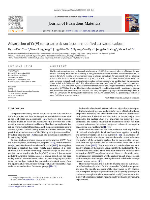(PDF) Adsorption of Cr(VI) onto cationic surfactant-modified activated carbon