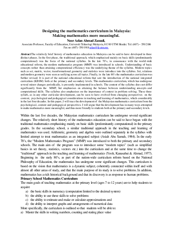 (PDF) Designing the mathematics curriculum in Malaysia : Making ...