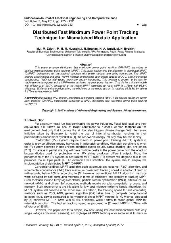 Pdf Distributed Fast Maximum Power Point Tracking Technique For Mismatched Module Application