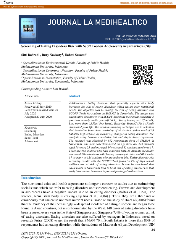 (PDF) Screening of Eating Disorders Risk with Scoff Tool on Adolescents ...