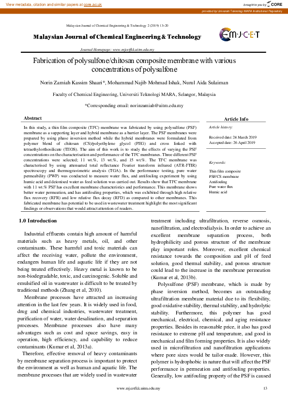 (PDF) Fabrication of polysulfone/chitosan composite membrane with various concentrations of ...
