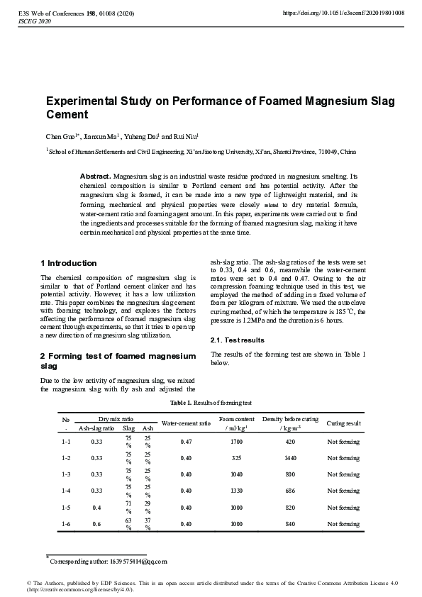 (PDF) Experimental Study on Performance of Foamed Magnesium Slag Cement ...