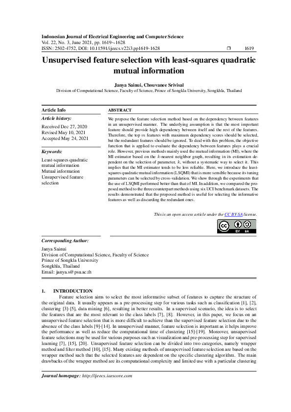 (PDF) Unsupervised feature selection with least-squares quadratic mutual information