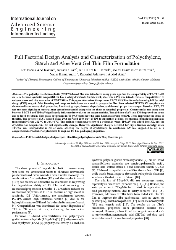 (PDF) Full Factorial Design Analysis and Characterization of Polyethylene, Starch and Aloe Vera ...