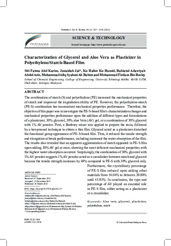 (PDF) Characterization of Glycerol and Aloe Vera as Plasticizer in ...